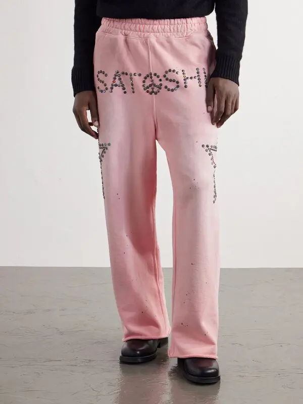 SATOSHI NAKAMOTO Wide-leg Studded Cotton-jersey Sweatpants - Pink