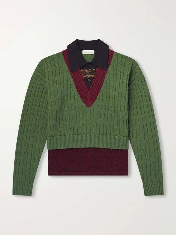Dries Van Noten Jacquard-trimmed Cable-knit Wool And Cotton-blend Sweater - Green