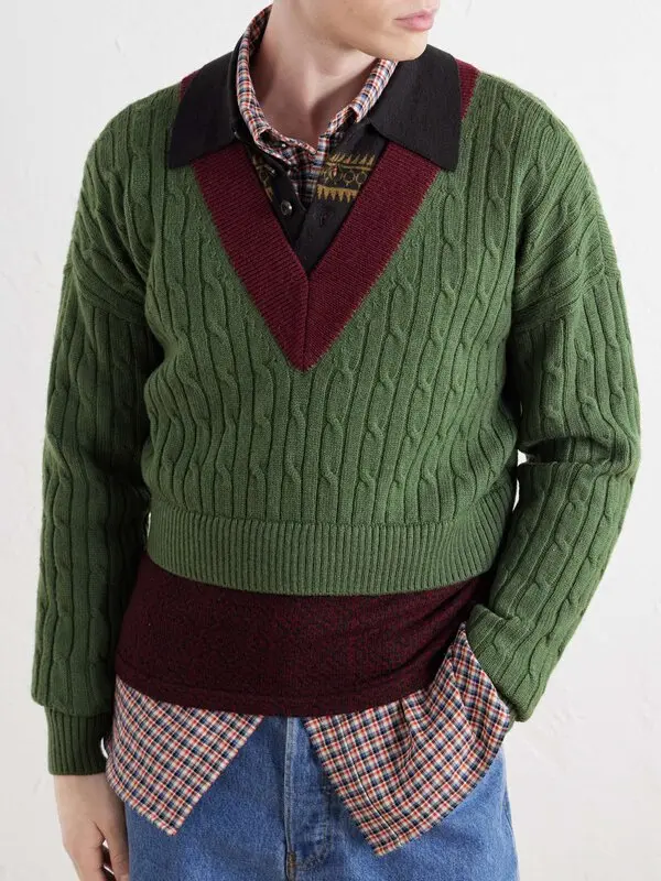 Dries Van Noten Jacquard-trimmed Cable-knit Wool And Cotton-blend Sweater