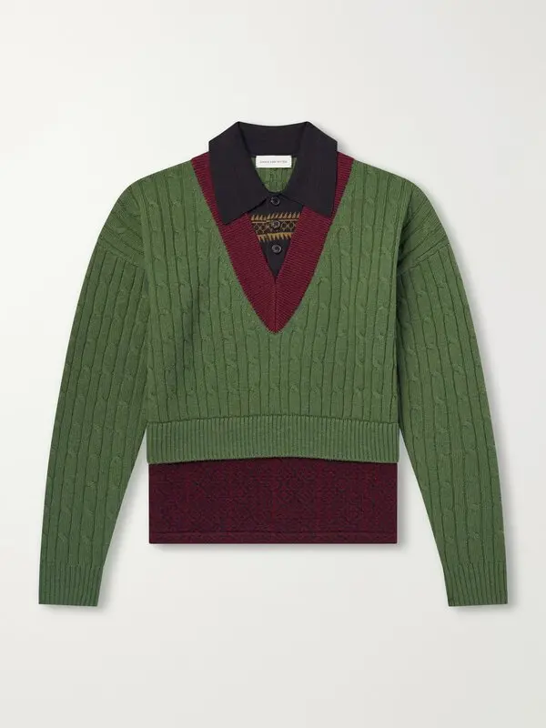 Dries Van Noten Jacquard-trimmed Cable-knit Wool And Cotton-blend Sweater - Green