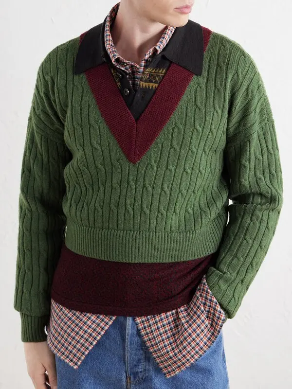 Dries Van Noten Jacquard-trimmed Cable-knit Wool And Cotton-blend Sweater - Green