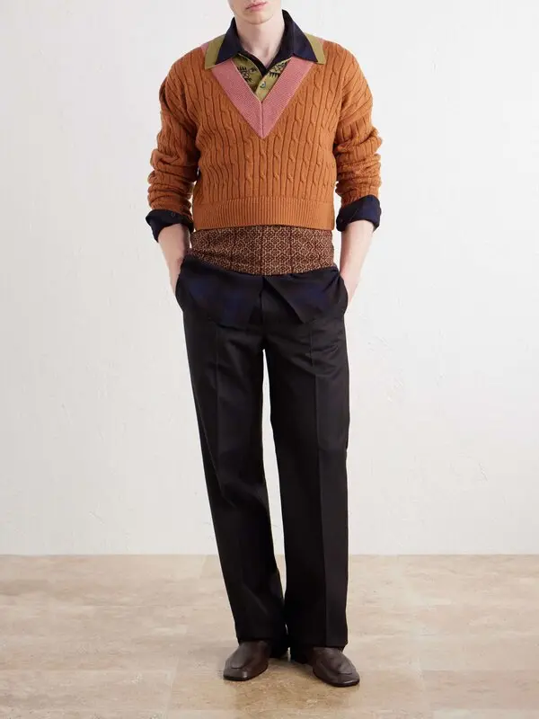 Dries Van Noten Jacquard-trimmed Cable-knit Wool And Cotton-blend Sweater