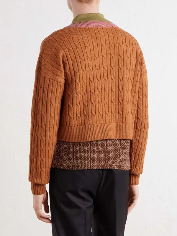 Dries Van Noten Jacquard-trimmed Cable-knit Wool And Cotton-blend Sweater