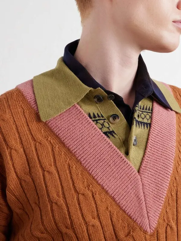 Dries Van Noten Jacquard-trimmed Cable-knit Wool And Cotton-blend Sweater