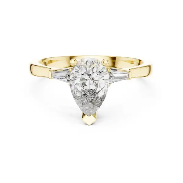 AYA FINE JEWELRY Pear Cut Lab Grown Diamond Three Stone Engagement Ring With Baguette Side Stones In 14k Gold - Yellow