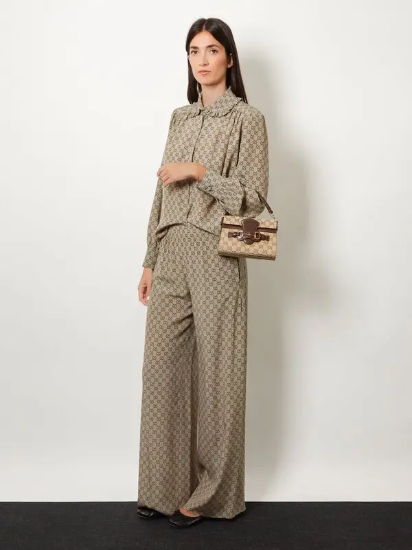 Gucci Silk Gg Print Wide Leg Trousers - Beige