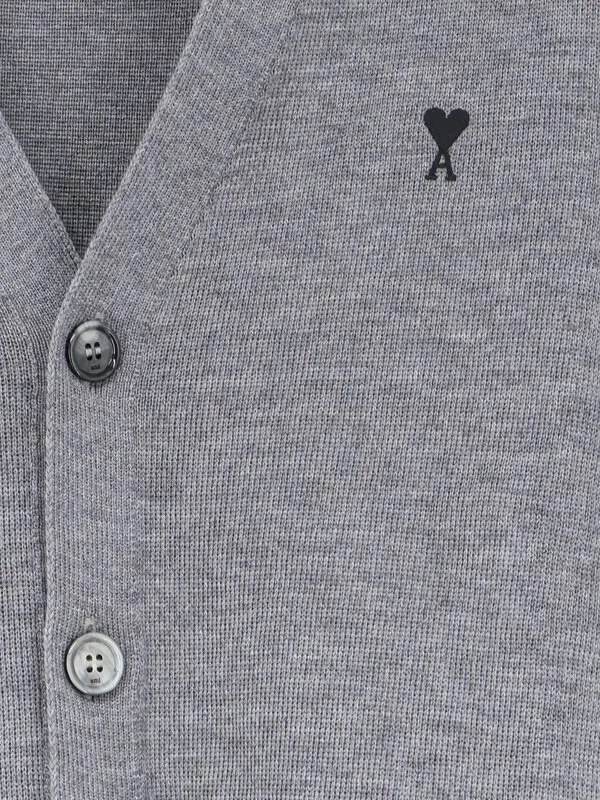 AMI Paris V-neck Wool Cardigan With Embroidered Logo - Grey