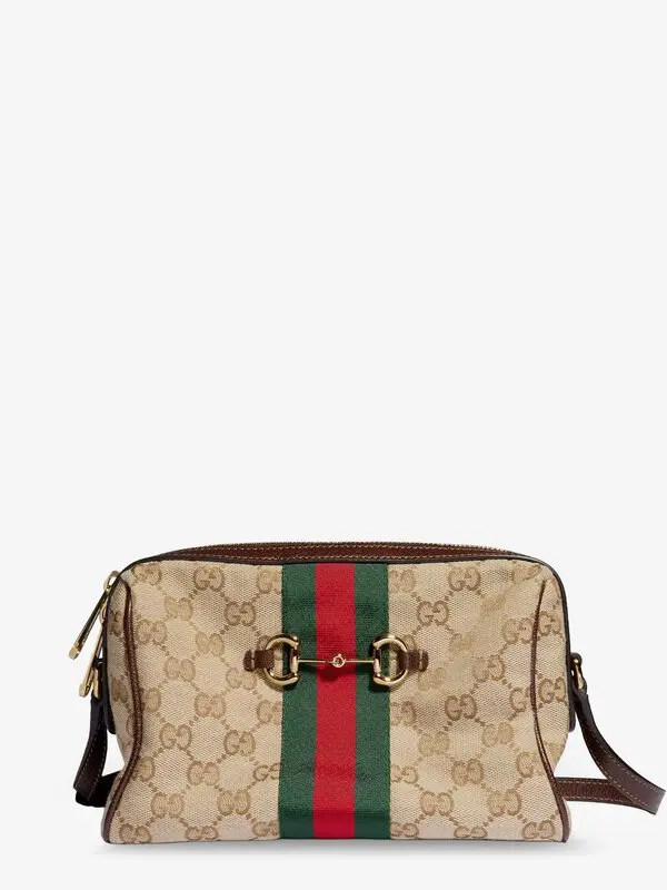 Gucci Camera Bag Gg Fabric Crossbody Bag With Metal Horsebit - Beige