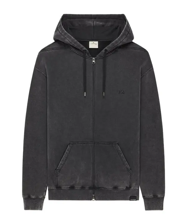 COURREGES Logo Print Stonewashed Zipped Hoodie - Stonewashed Grey/black