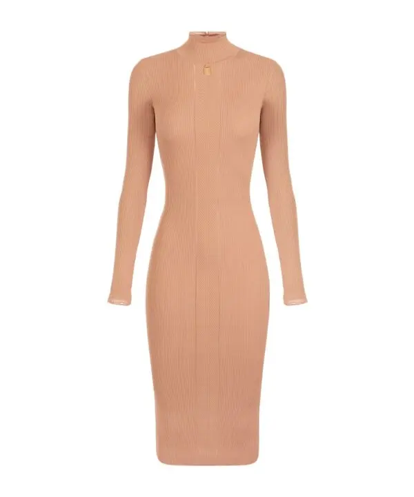 Elisabetta Franchi Ribbed Mock Neck Midi Dress With Mesh Inserts - Leather