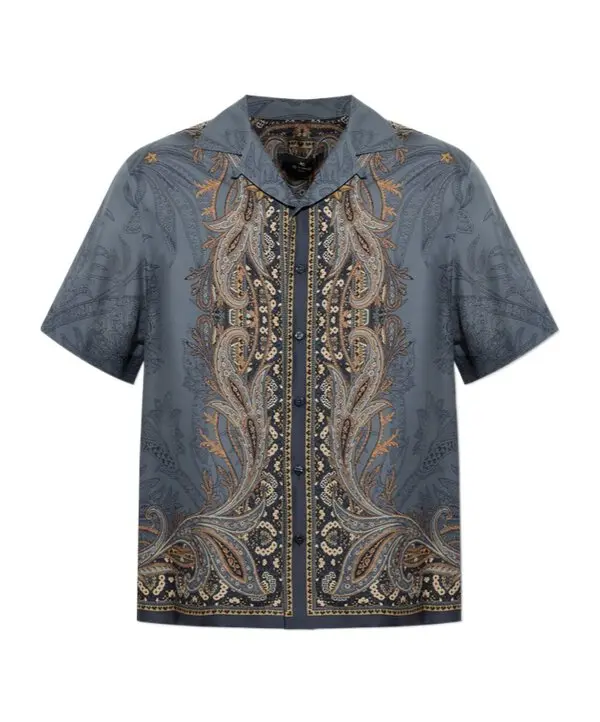Etro Silk Bowling Shirt With Placed Pegaso Print - Gray