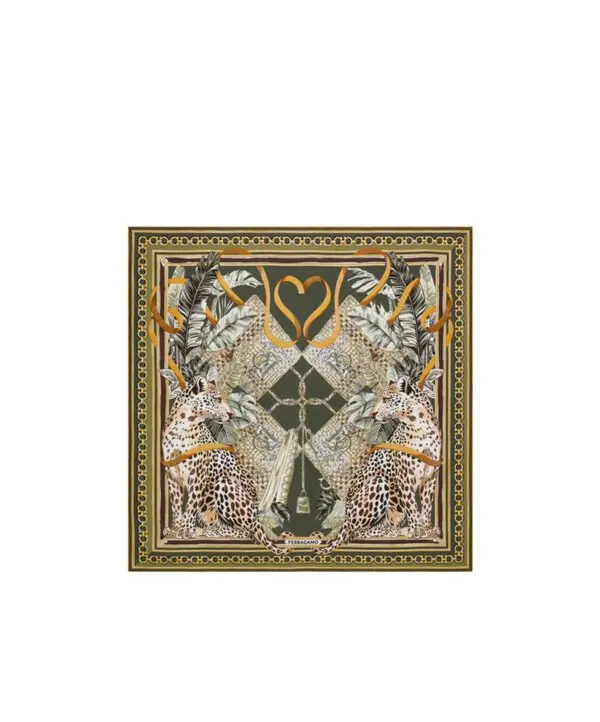 FERRAGAMO Feline Print Silk Foulard - Olive Green