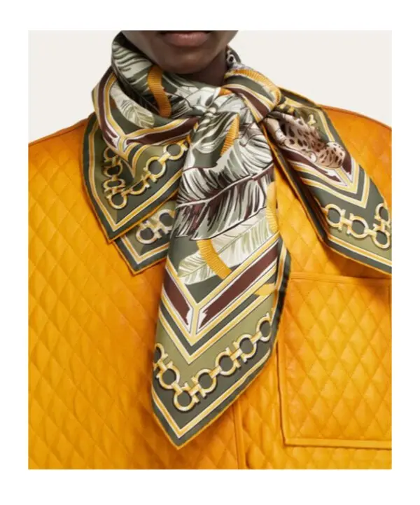 FERRAGAMO Feline Print Silk Foulard - Olive Green