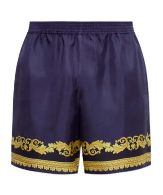 Versace Elasticated Waist Shorts With Baroque Print Piping - Navy