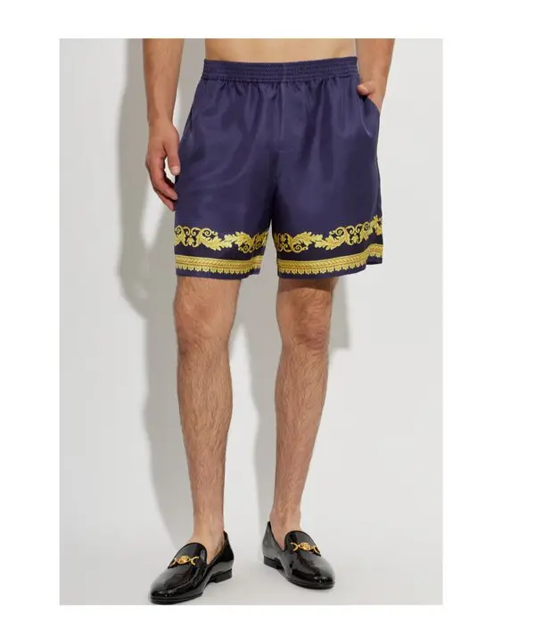 Versace Elasticated Waist Shorts With Baroque Print Piping - Navy