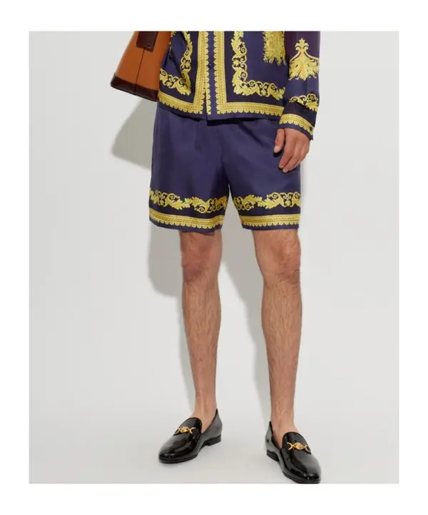 Versace Elasticated Waist Shorts With Baroque Print Piping - Navy