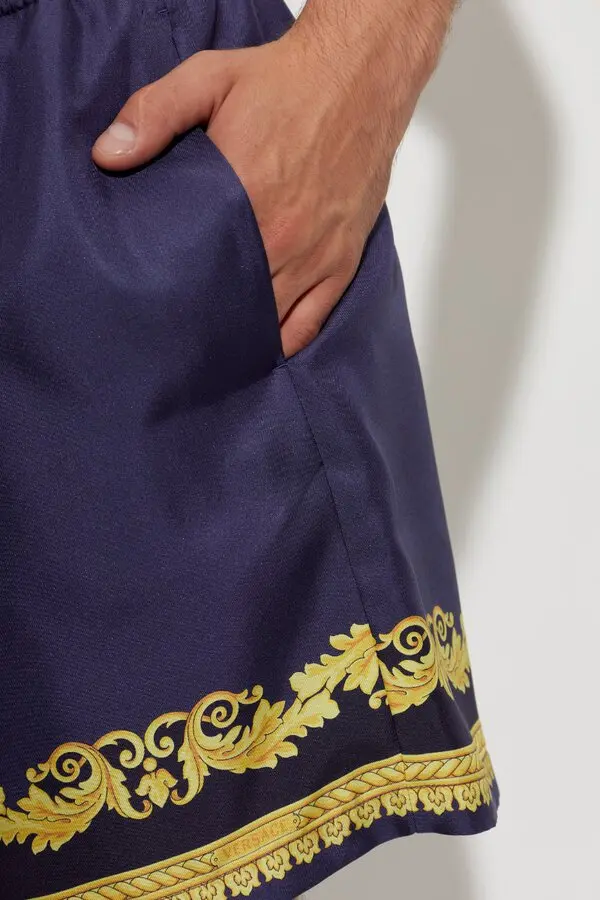 Versace Elasticated Waist Shorts With Baroque Print Piping - Navy