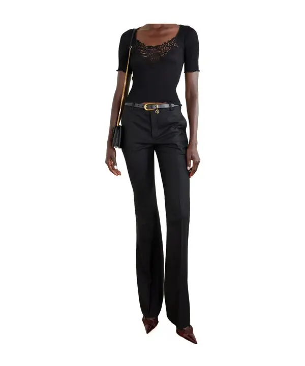 Saint Laurent Lace Trim Ribbed Short-sleeve Top - Black
