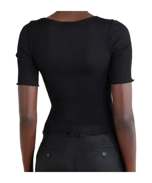 Saint Laurent Lace Trim Ribbed Short-sleeve Top - Black