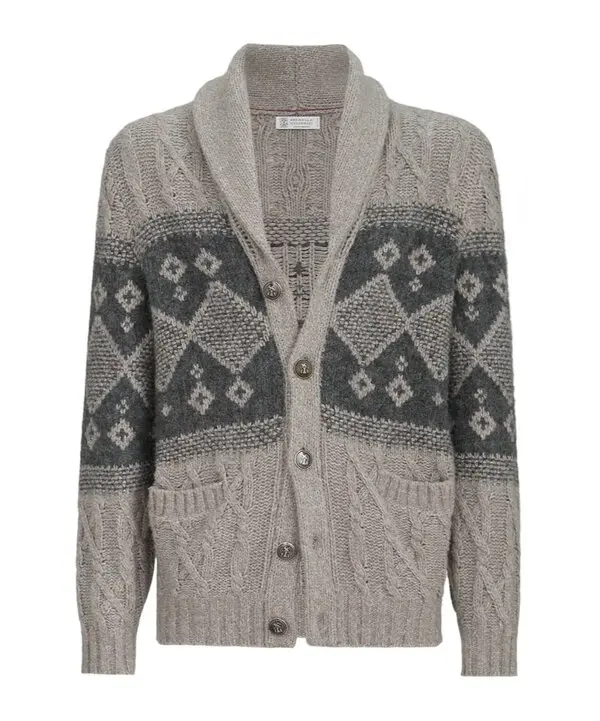 Brunello Cucinelli Virgin-wool, Silk And Cashmere Chiné Cable-knit Cardigan With Intarsia - Grey