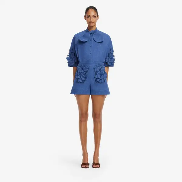 LEO LIN Brooklyn Appliqué Vegan Suede Bow Puff Sleeve Top