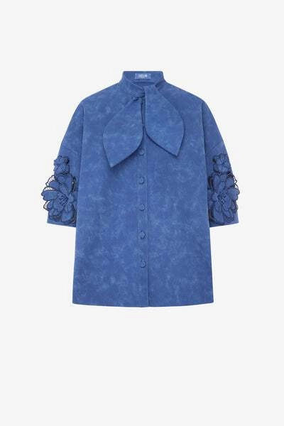 LEO LIN Brooklyn Appliqué Vegan Suede Bow Puff Sleeve Top