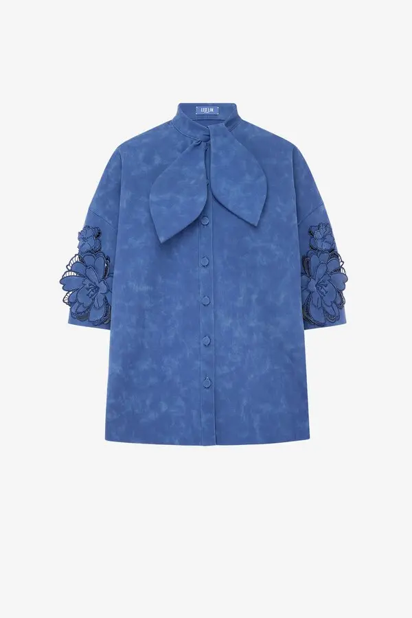 LEO LIN Brooklyn Appliqué Vegan Suede Puff Sleeve Top - Azure