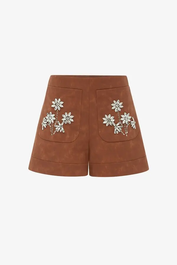 LEO LIN Tessa Embellished Vegan Suede Shorts - Chestnut