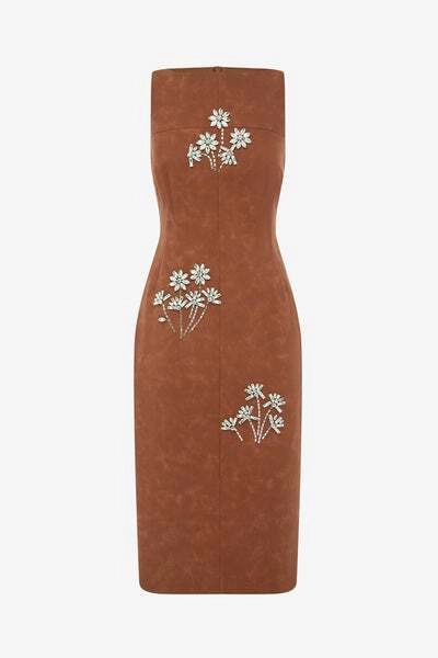 LEO LIN Eleanor Embellished Vegan Suede Midi Dress - Chestnut