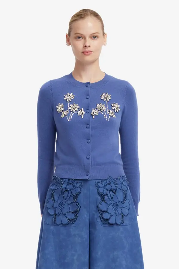 LEO LIN Claire Embellished Cashmere Blend Cardigan - Azure