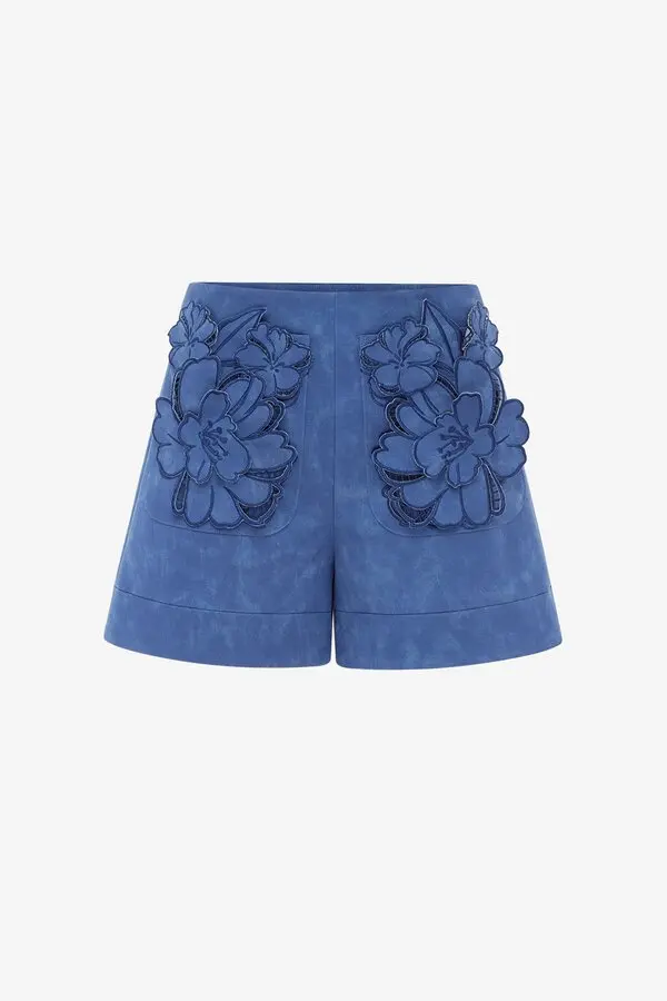 LEO LIN Tessa Appliqué Vegan Suede Shorts - Azure