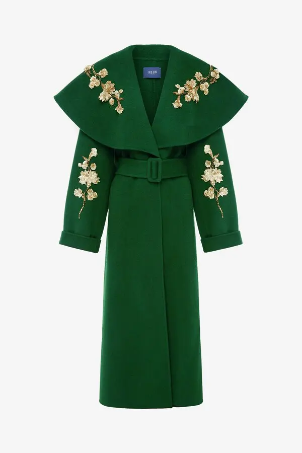 LEO LIN Joan Embellished Wool Coat - Forest
