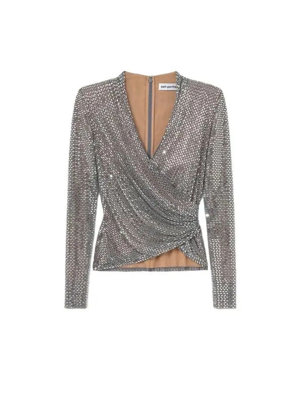 SELF-PORTRAIT Rhinestone Mesh Wrap Top