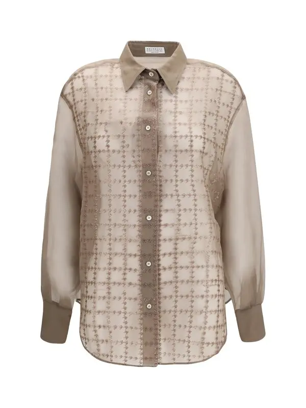 Brunello Cucinelli Sheer Sequined Checked Shirt
