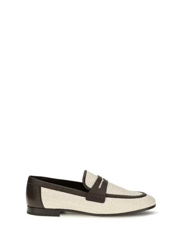 Brunello Cucinelli Two-tone Leather And Raffia Loafers - Cream