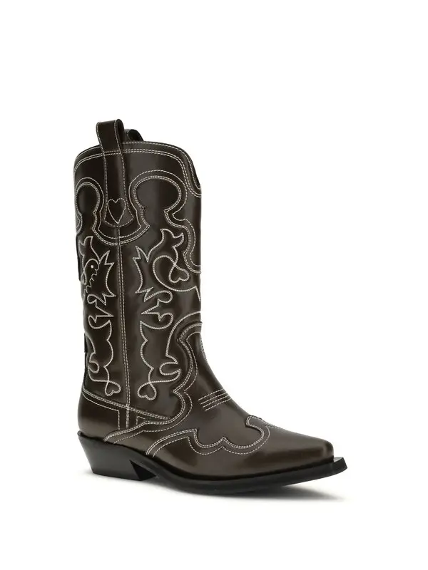 GANNI Faux-leather Texan Boots With Contrast Embroidery - Brown