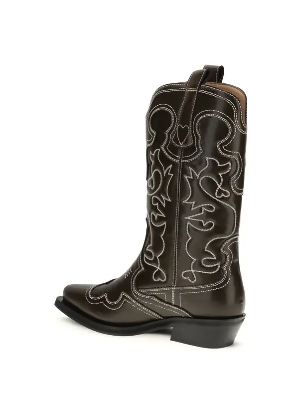 GANNI Faux-leather Texan Boots With Contrast Embroidery - Brown