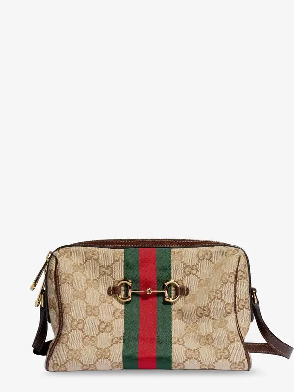 Gucci Camera Bag Gg Fabric Crossbody Bag With Metal Horsebit - Cream