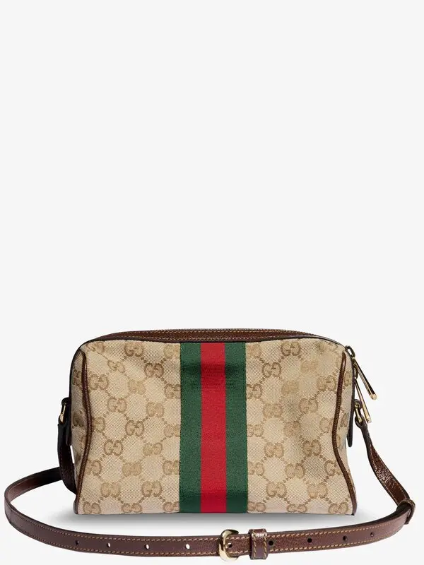 Gucci Camera Bag Gg Fabric Crossbody Bag With Metal Horsebit - Cream