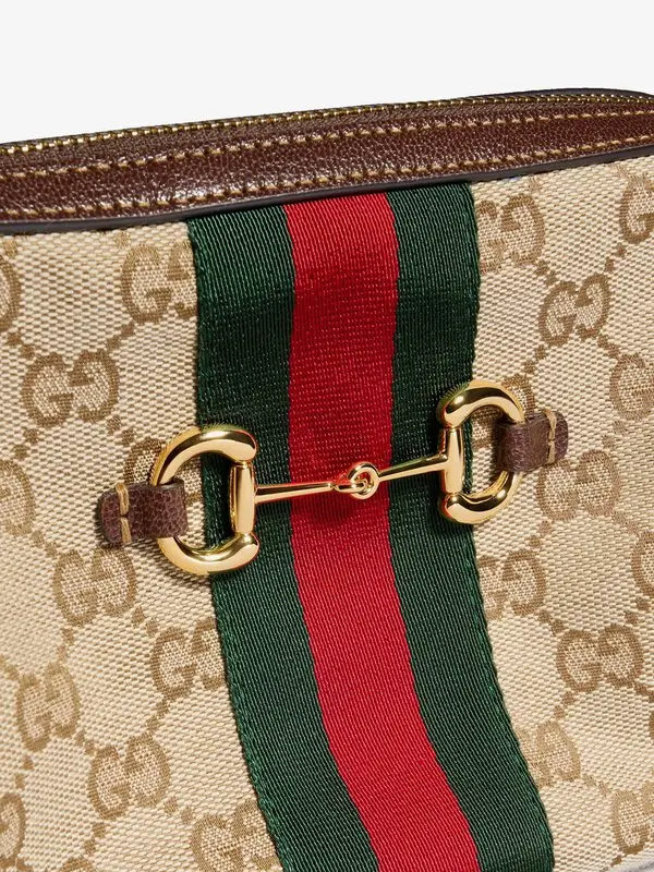 Gucci Camera Bag Gg Fabric Crossbody Bag With Metal Horsebit - Cream
