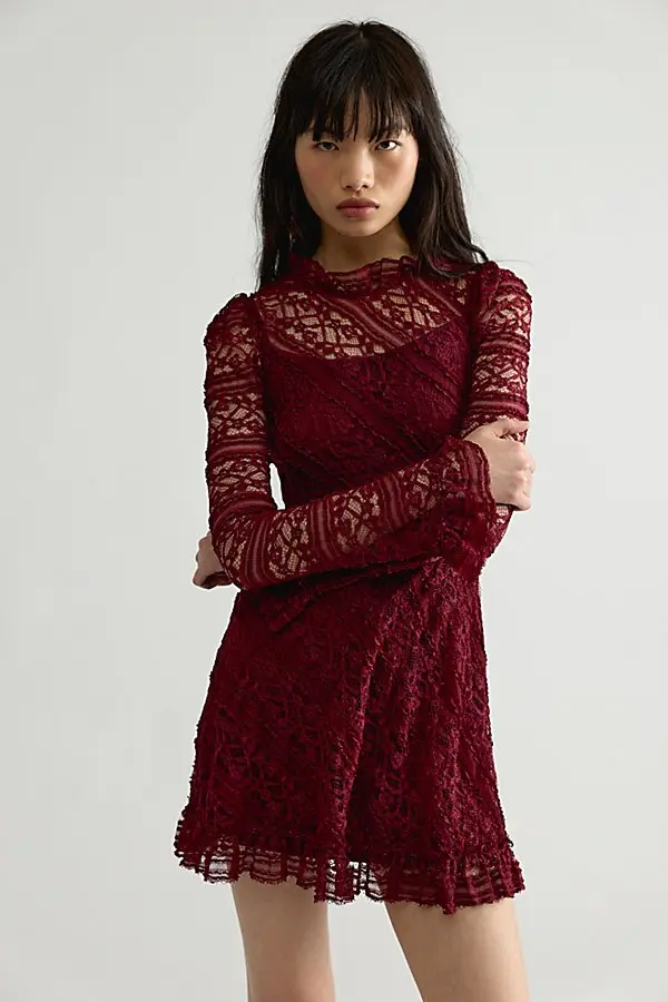 Free People Woodland Whispers Lace Mini Dress - Dionysus