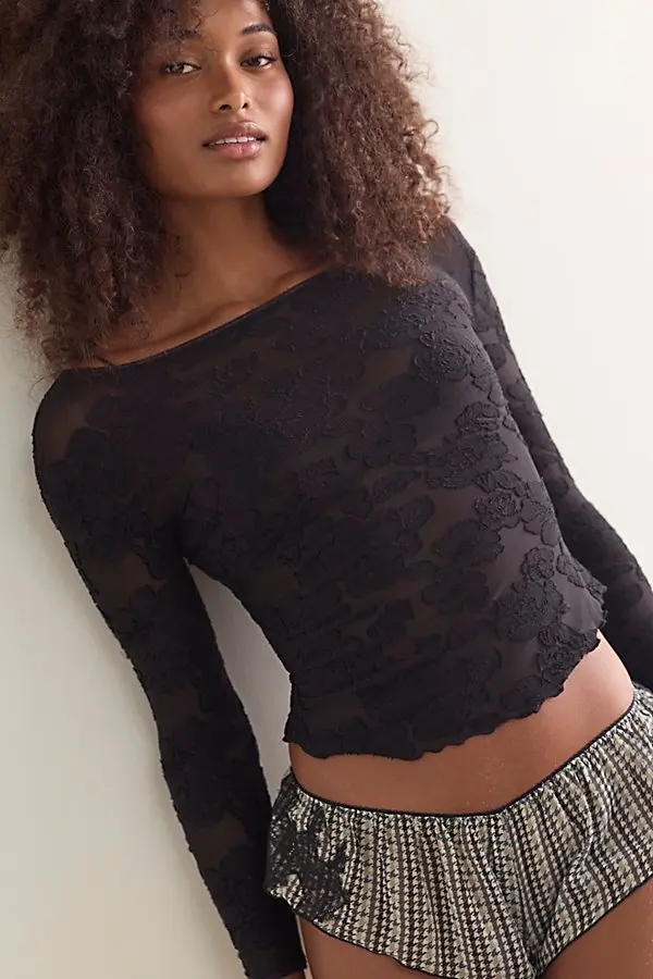 Free People Intimately Night Shift Lace Long Sleeve Top - Black