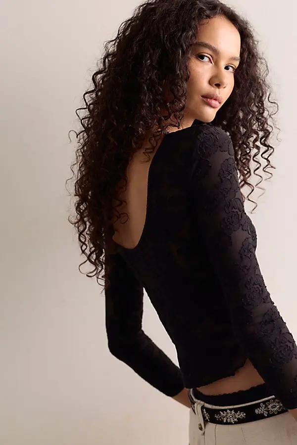 Free People Intimately Night Shift Lace Long Sleeve Top - Black