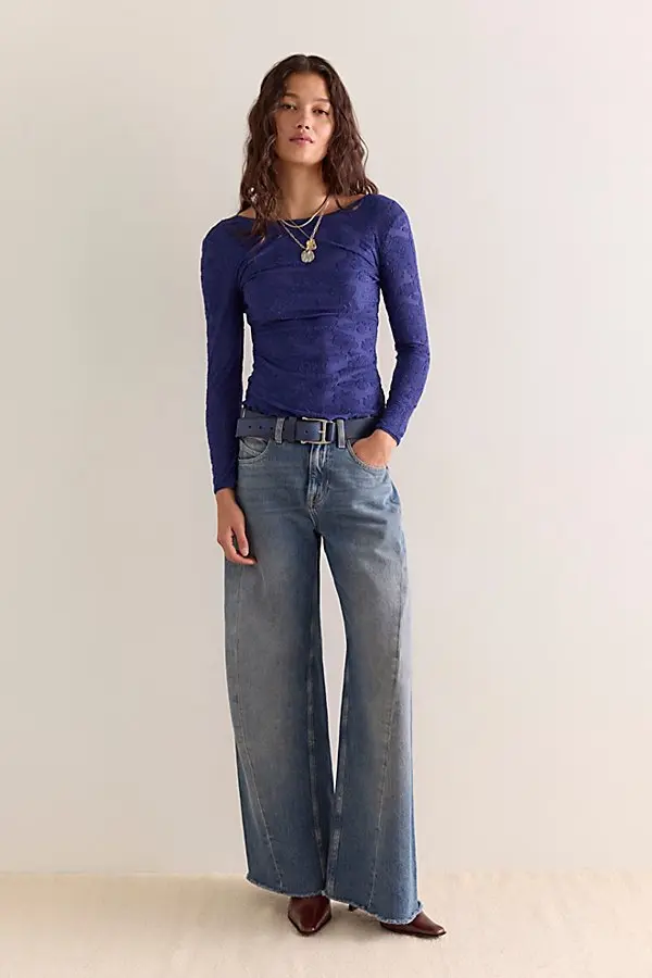 Free People Intimately Night Shift Lace Long Sleeve Top - Twilight Combo
