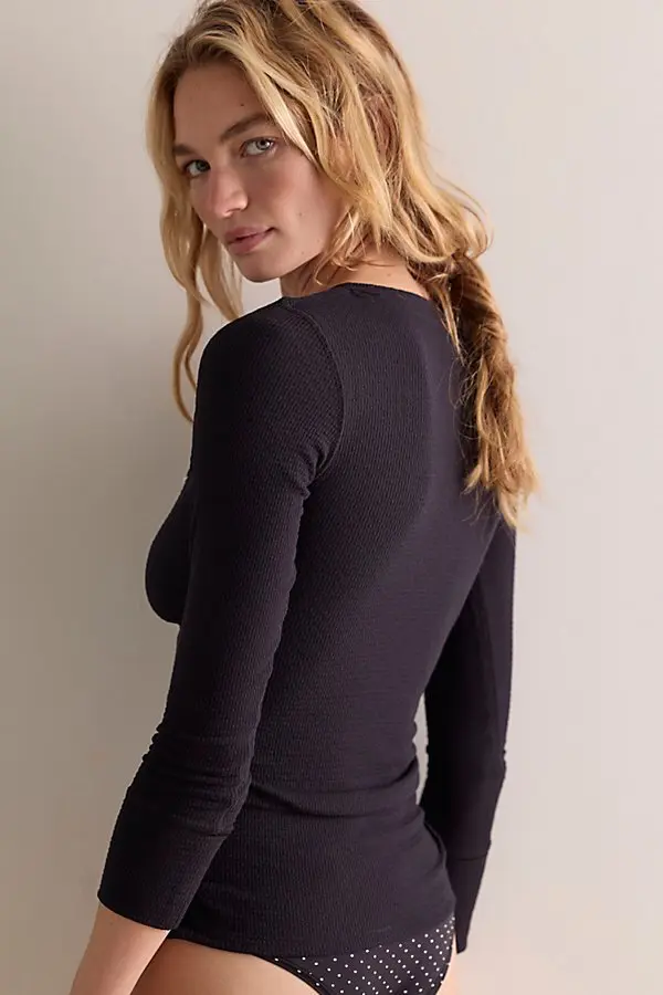 Free People Intimately Ribbed Thermal Henley Top - Black