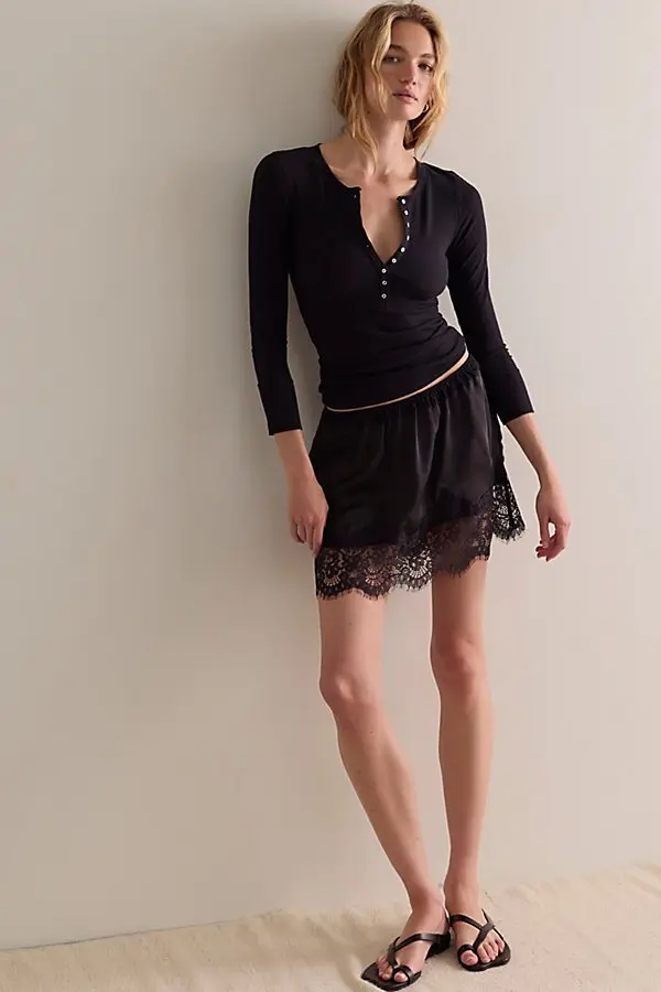 Free People Intimately Ribbed Thermal Henley Top - Black