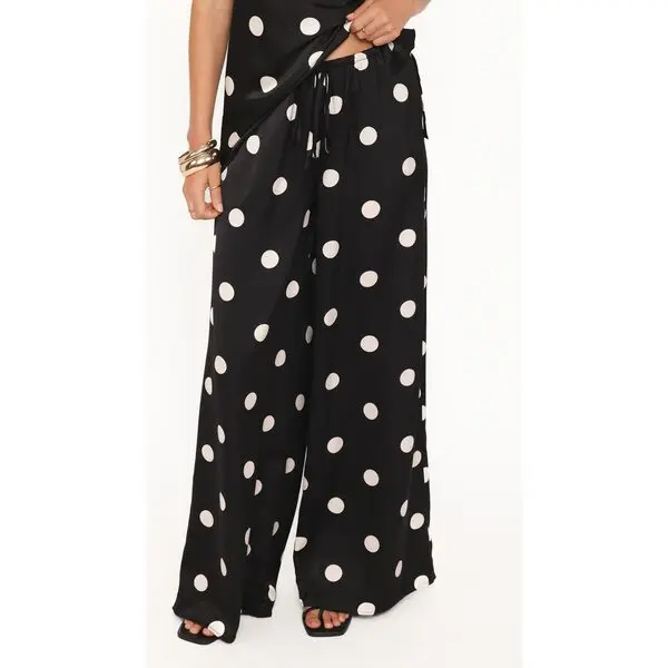 PETAL & PUP Belinda Polka Dot Wide Leg Drawstring Pants - Black/cream