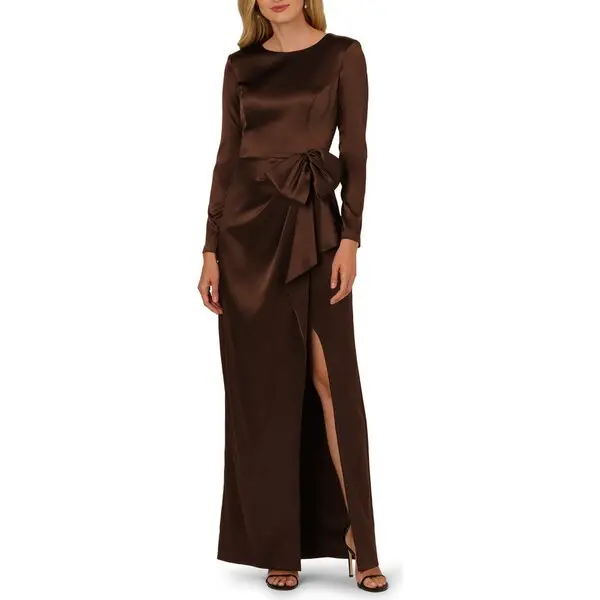Adrianna Papell Side Bow Long Sleeve Stretch Satin Gown - Chocolate