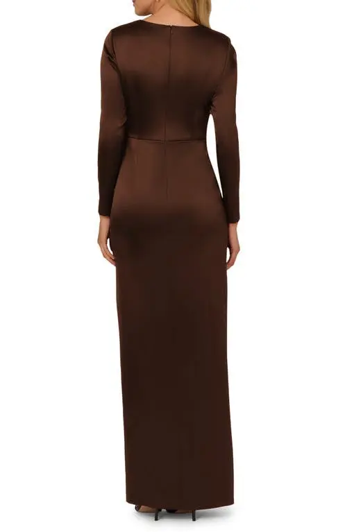 Adrianna Papell Side Bow Long Sleeve Stretch Satin Gown