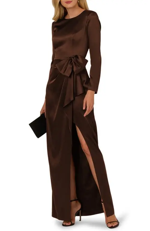 Adrianna Papell Side Bow Long Sleeve Stretch Satin Gown